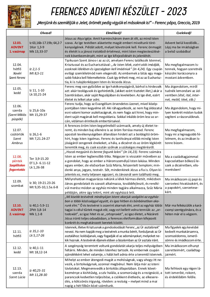 Adventi naptár 2023 – Alsóvárosi Ferences Plébánia